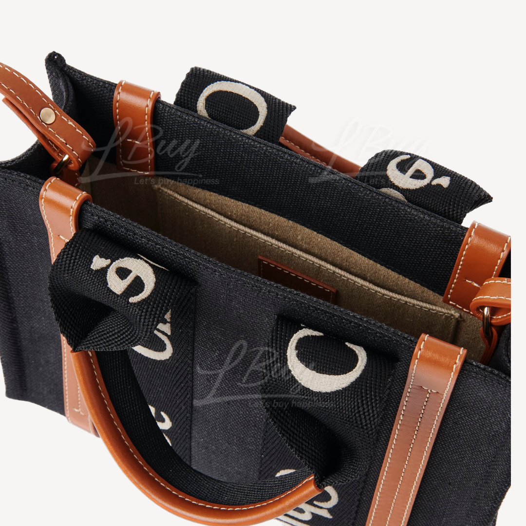 Chloé-Chloe Small Woody Tote Bag Black Beige Chloé-Chloe Small Woody Tote Bag Black Beige